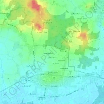 Mapa topográfico Le Mans, altitude, relevo