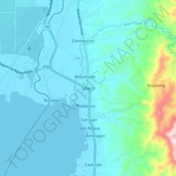 Mapa topográfico Maco, altitude, relevo