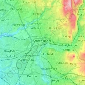 Mapa topográfico Ashton-under-Lyne, altitude, relevo