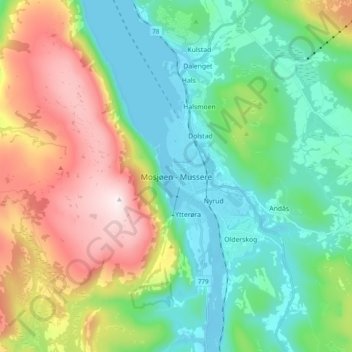 Mapa topográfico Mosjøen - Mussere, altitude, relevo