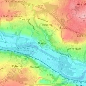Mapa topográfico Newburn, altitude, relevo