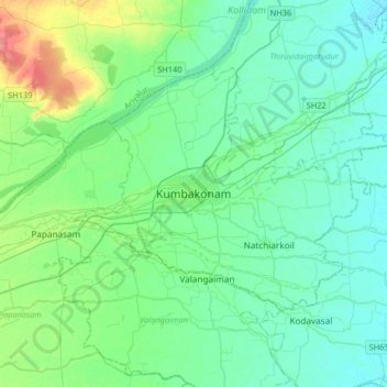 Mapa topográfico Kumbakonam, altitude, relevo