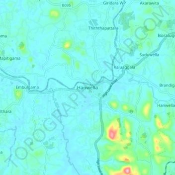 Mapa topográfico Hanwella, altitude, relevo