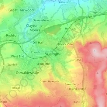 Mapa topográfico Accrington, altitude, relevo