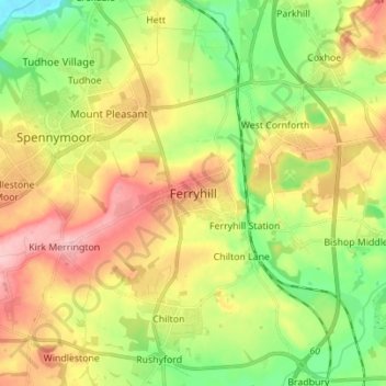 Mapa topográfico Ferryhill, altitude, relevo