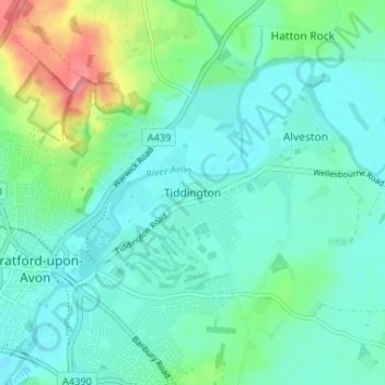 Mapa topográfico Tiddington, altitude, relevo