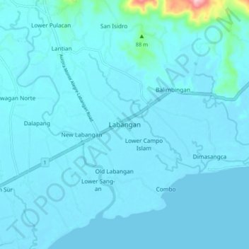 Mapa topográfico Labangan, altitude, relevo
