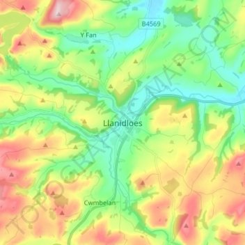 Mapa topográfico Llanidloes, altitude, relevo