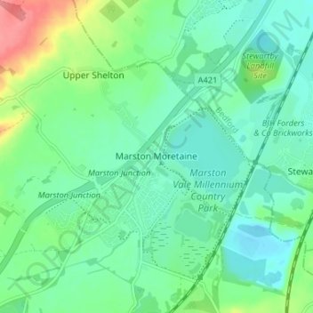 Mapa topográfico Marston Moretaine, altitude, relevo