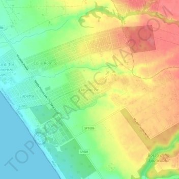 Mapa topográfico Lido dei Pini, altitude, relevo