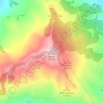 Mapa topográfico Monte Aserei, altitude, relevo