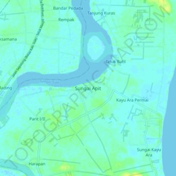 Mapa topográfico Sungai Apit, altitude, relevo