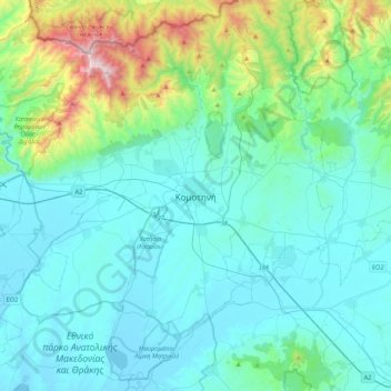 Mapa topográfico Komotini, altitude, relevo