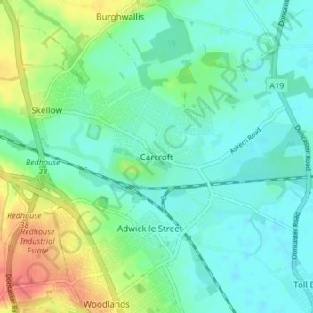 Mapa topográfico Carcroft, altitude, relevo