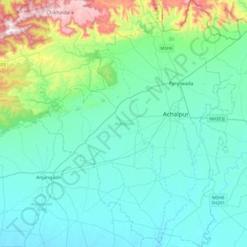 Mapa topográfico Achalpur, altitude, relevo