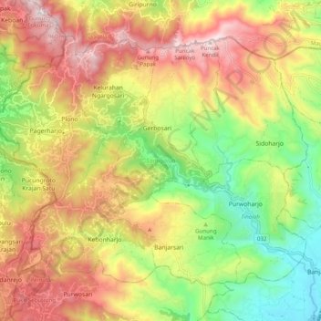 Mapa topográfico Samigaluh, altitude, relevo