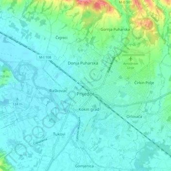 Mapa topográfico Prijedor, altitude, relevo