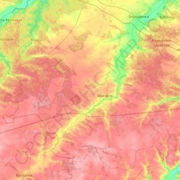 Mapa topográfico Makariv Settlement Hromada, altitude, relevo