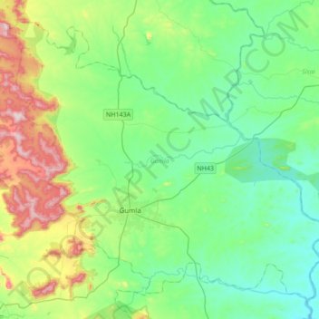 Mapa topográfico Gumla, altitude, relevo