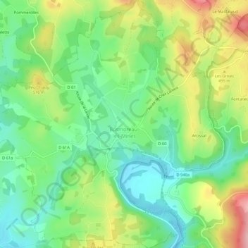 Mapa topográfico Bosmoreau-les-Mines, altitude, relevo