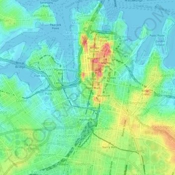 Mapa topográfico Sydney CBD, altitude, relevo