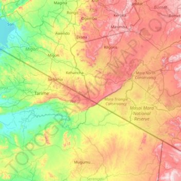 Mapa topográfico Mara River, altitude, relevo