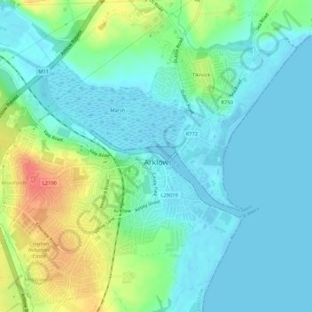 Mapa topográfico Arklow, altitude, relevo