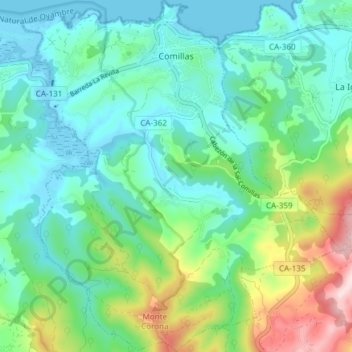 Mapa topográfico Comillas, altitude, relevo