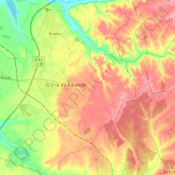 Mapa topográfico Glória do Ribatejo e Granho, altitude, relevo