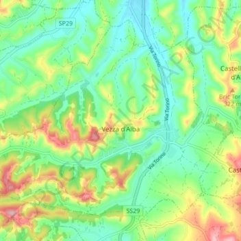 Mapa topográfico Vezza d'Alba, altitude, relevo