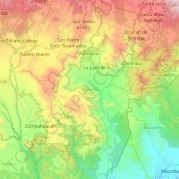 Mapa topográfico Malinalco, altitude, relevo