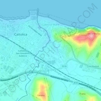 Mapa topográfico Gabicce Mare, altitude, relevo