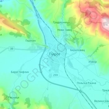 Mapa topográfico Pirot, altitude, relevo