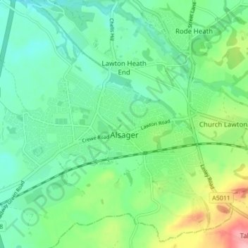 Mapa topográfico Alsager, altitude, relevo