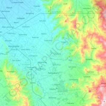 Mapa topográfico Tampakan, altitude, relevo