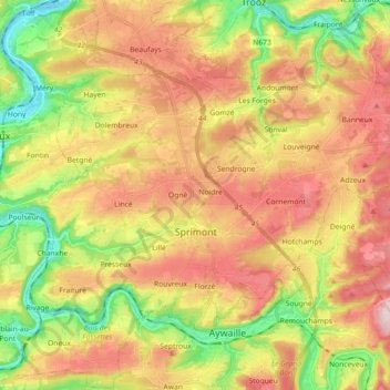 Mapa topográfico Sprimont, altitude, relevo