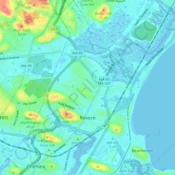 Mapa topográfico Revere, altitude, relevo