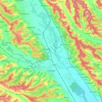 Mapa topográfico Turceni, altitude, relevo