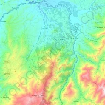 Mapa topográfico Caicedonia, altitude, relevo