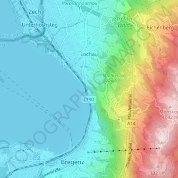 Mapa topográfico Lochau, altitude, relevo