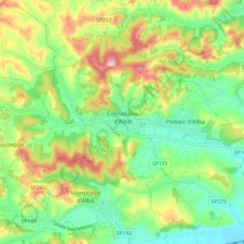 Mapa topográfico Corneliano d'Alba, altitude, relevo