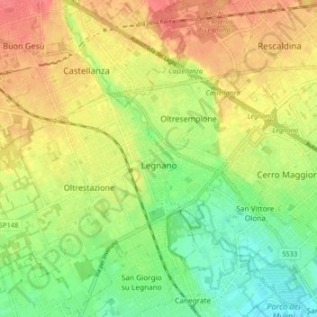 Mapa topográfico Legnano, altitude, relevo