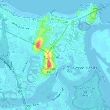 Mapa topográfico Tweed Heads, altitude, relevo