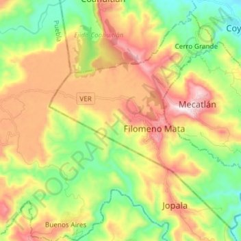 Mapa topográfico Filomeno Mata, altitude, relevo