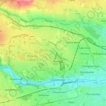 Mapa topográfico Dublin (Cabra), altitude, relevo