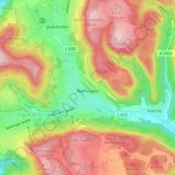 Mapa topográfico Wehingen, altitude, relevo