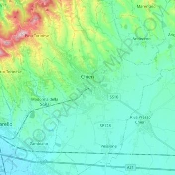 Mapa topográfico Chieri, altitude, relevo