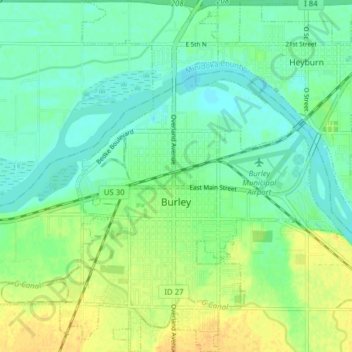 Mapa topográfico Burley, altitude, relevo