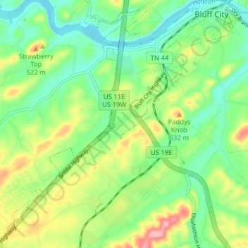 Mapa topográfico Bluff City, altitude, relevo