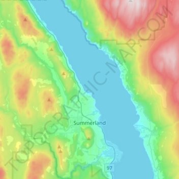 Mapa topográfico Summerland, altitude, relevo
